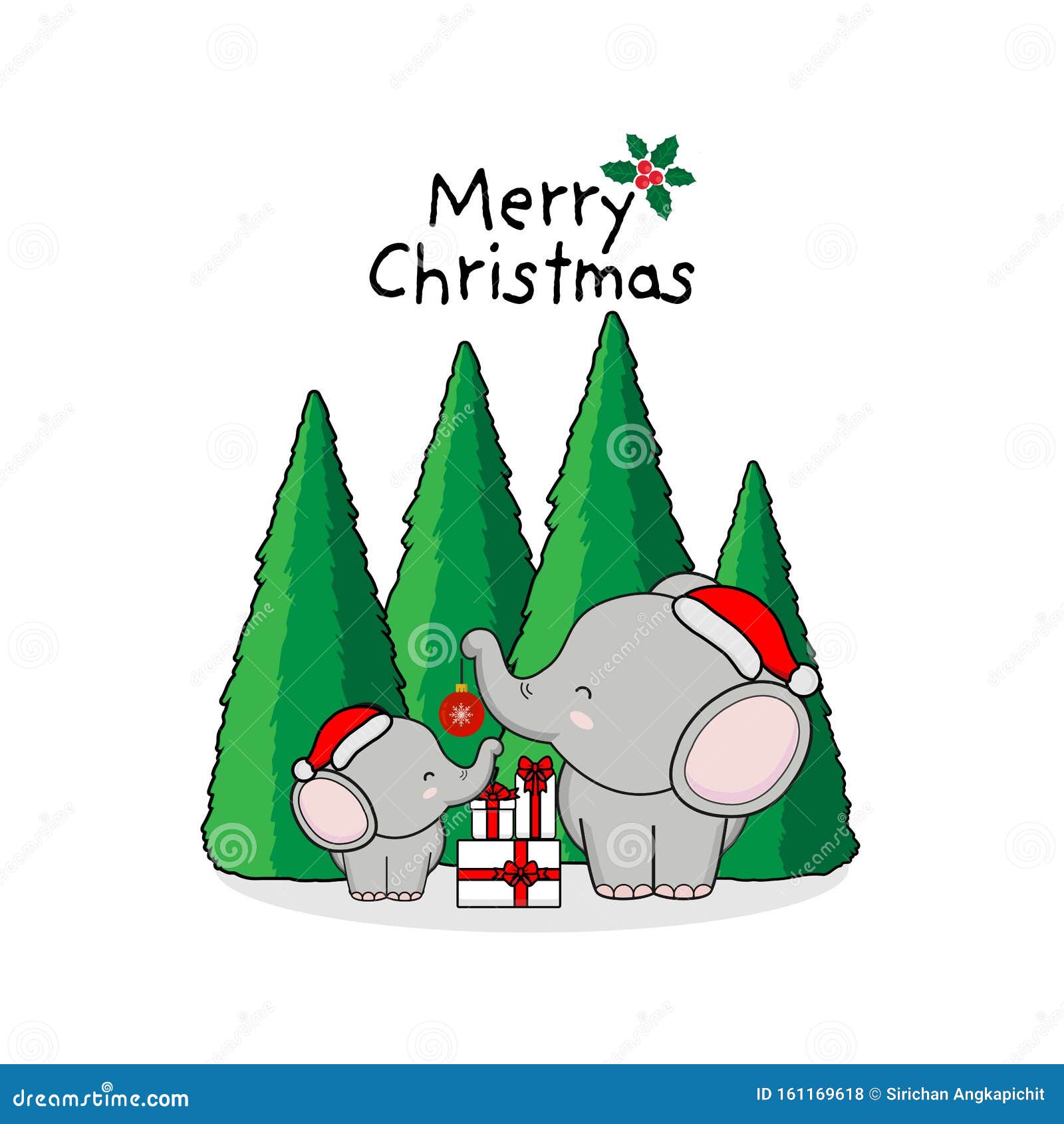 Merry Christmas Greeting Card with Cute Elephants. Stock Illustration ...