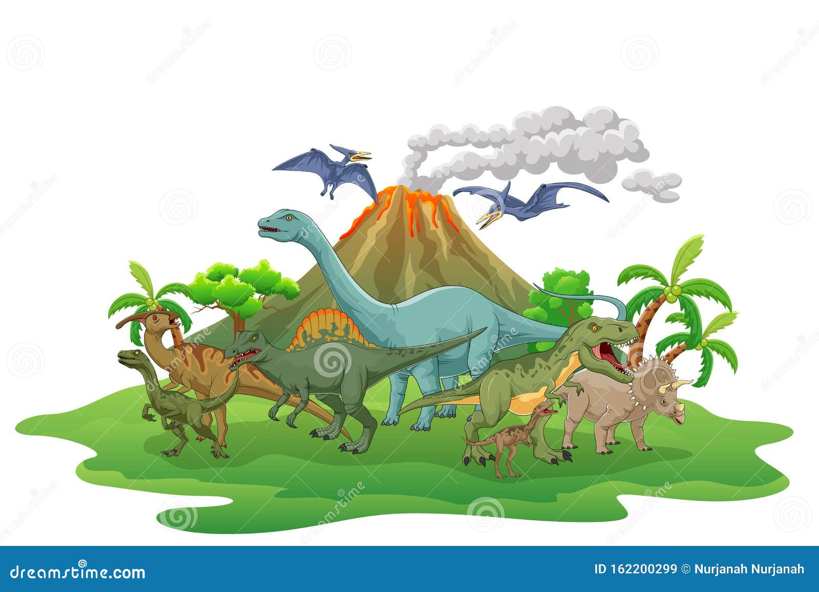 Cartoon happy dinosaurs stock vector. Illustration of grass - 162200299
