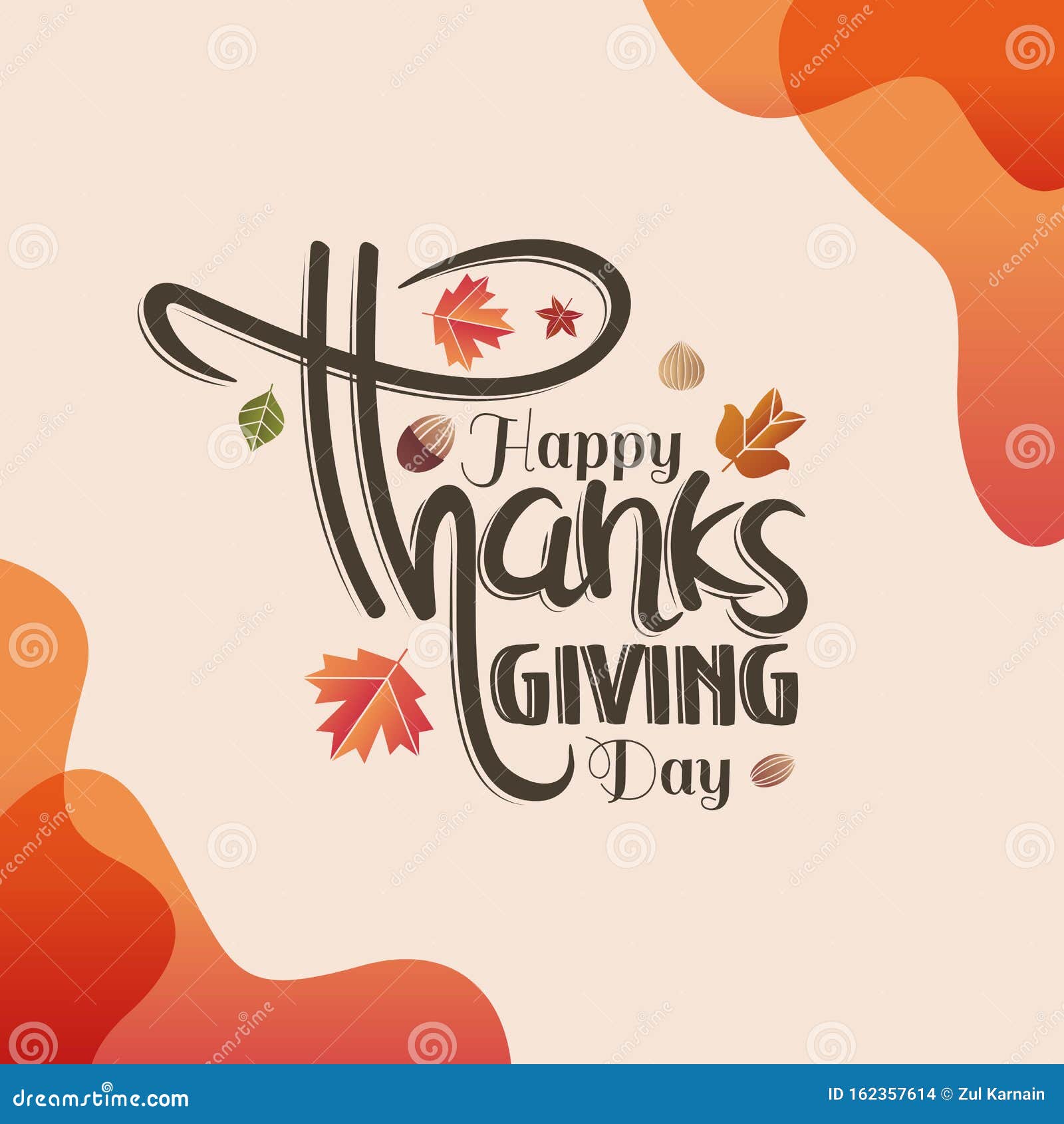 Happy Thanksgiving Hand Lettering Text with Illustrated Green Leaves ...