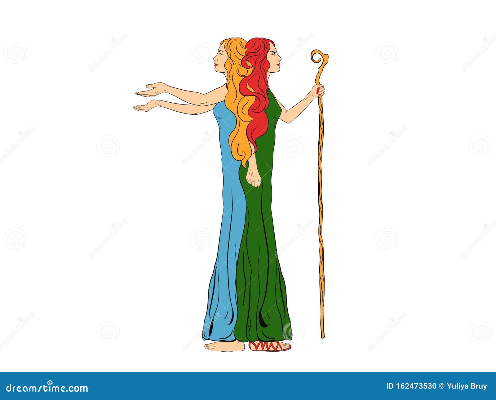 Two-faced Janus. Woman And Man Heads In Profile, Connected By The Nape ...