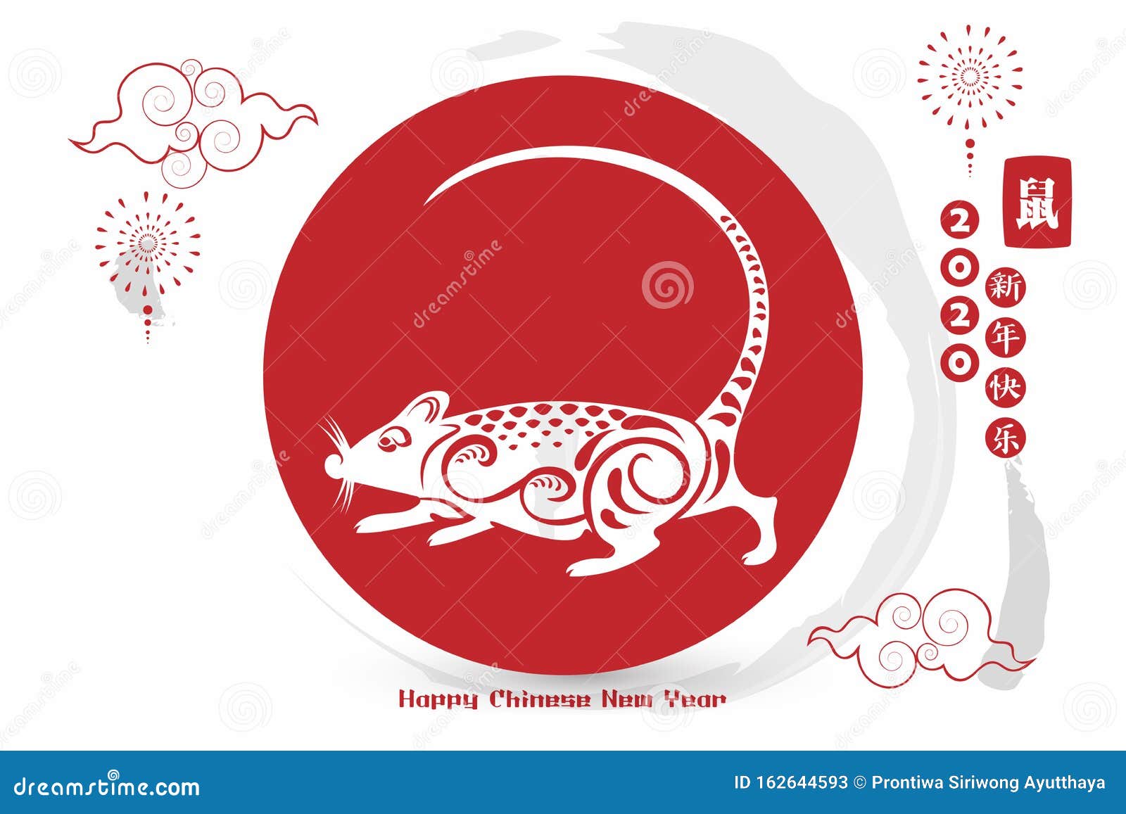 Chinese New Year 2020 Year of the Rat, Red and Gold Line Rat Character ...