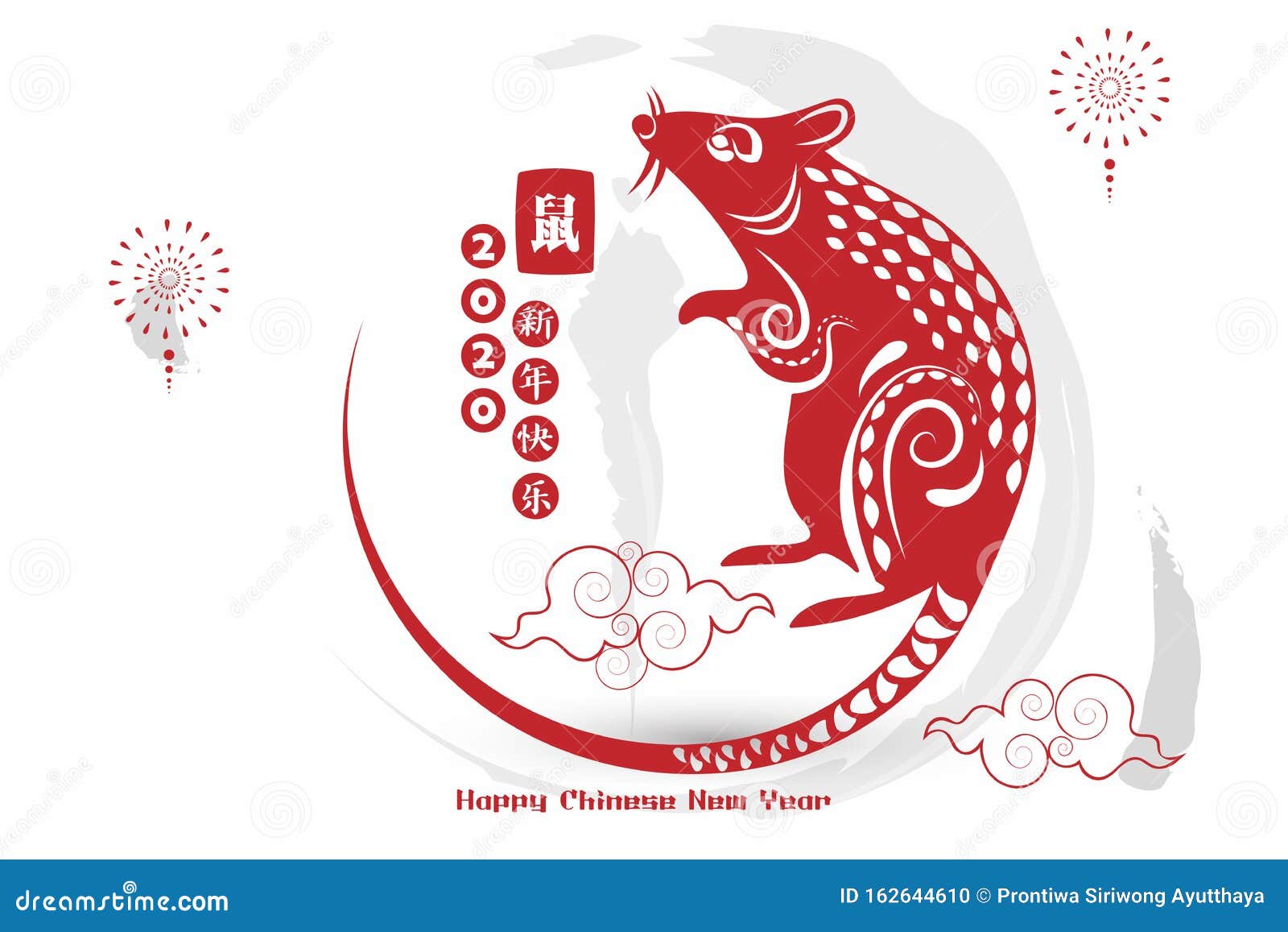 Chinese New Year 2020 Year of the Rat, Red and Gold Line Rat Character ...