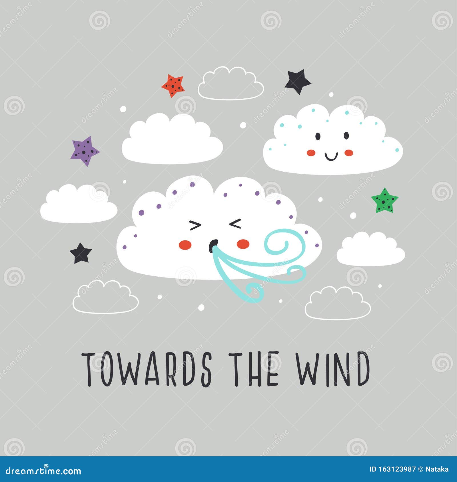 Cute Cloud Blowing Wind. Cartoon Character With Funny Face. Vector ...