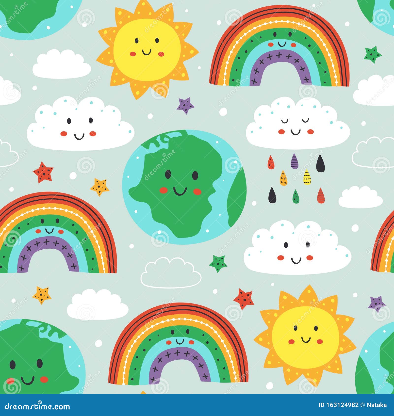Seamless Pattern with Cute Earth,cloud, Rainbow and Sun Stock Vector ...