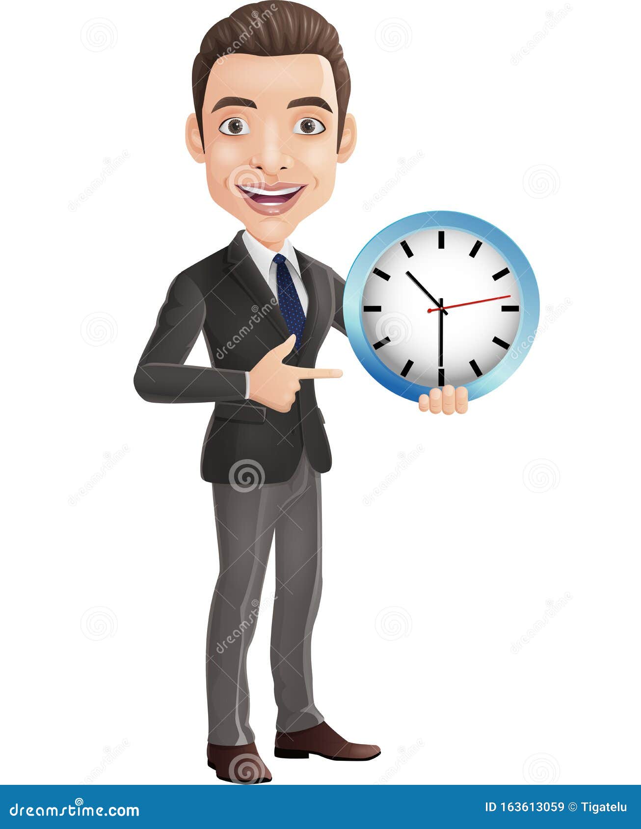 Cartoon Happy Young Businessman Holding and Pointing a Wall Clock Stock ...