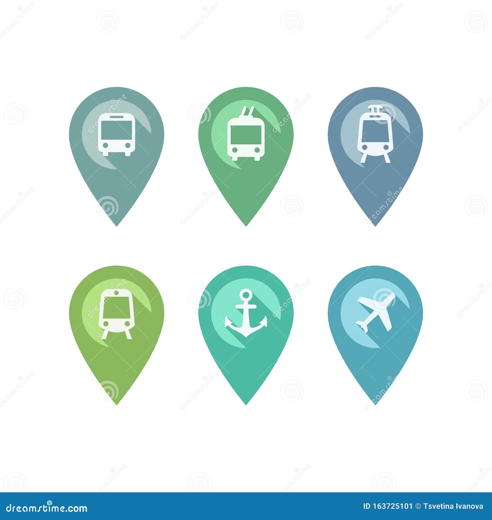Location Pin Marker with Bus, Train, Subway and Airport Vector Icon Set ...