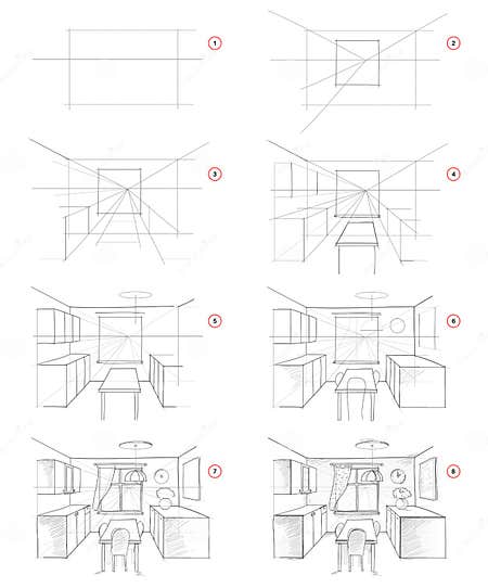 How To Draw from Nature Step by Step Sketch of Kitchen Interior in ...