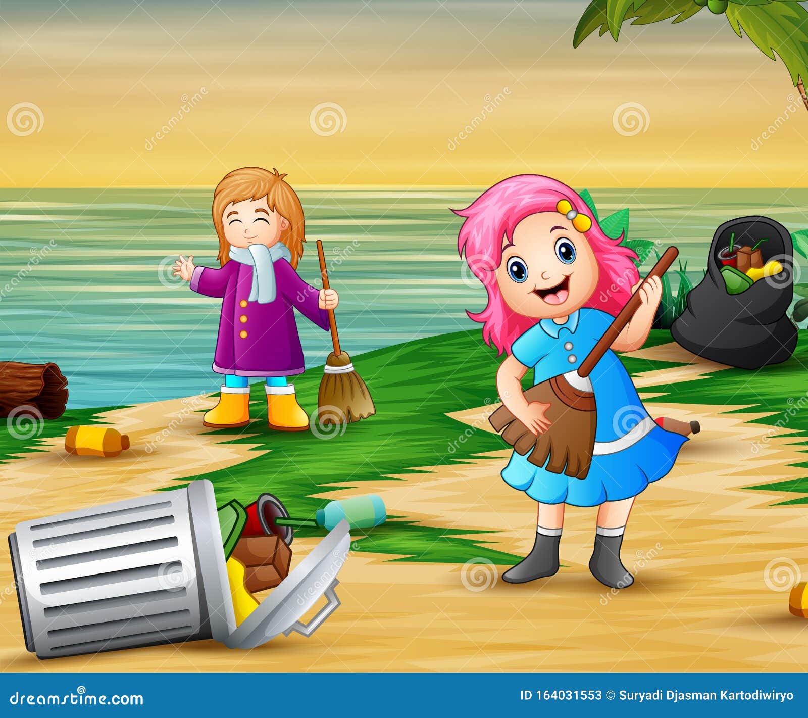Two Little Girls Cleaning the Beach Stock Vector - Illustration of ...