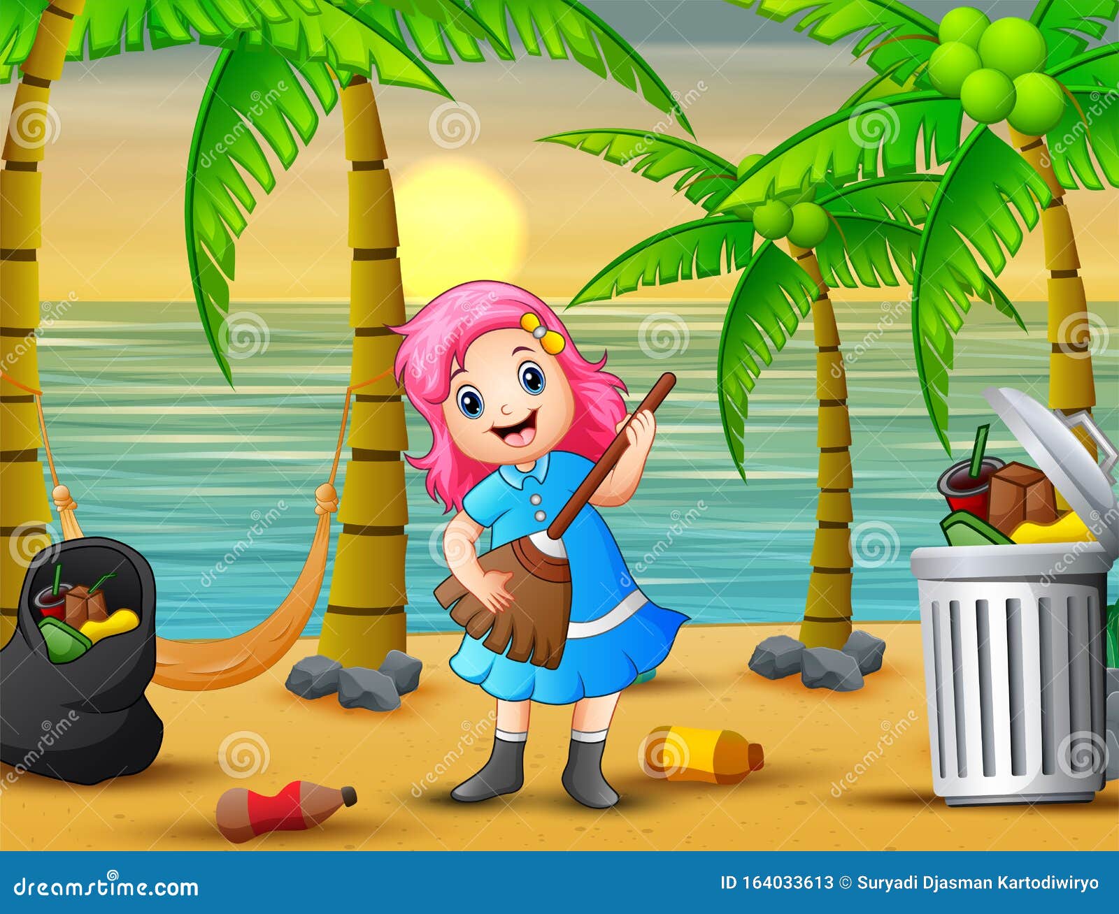 Cartoon Happy Litttle Girl Cleaning the Beach Stock Vector ...