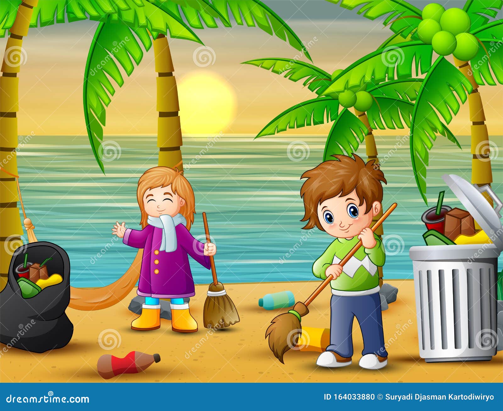 A Couple Cleaning the Beach Stock Vector - Illustration of plastic ...