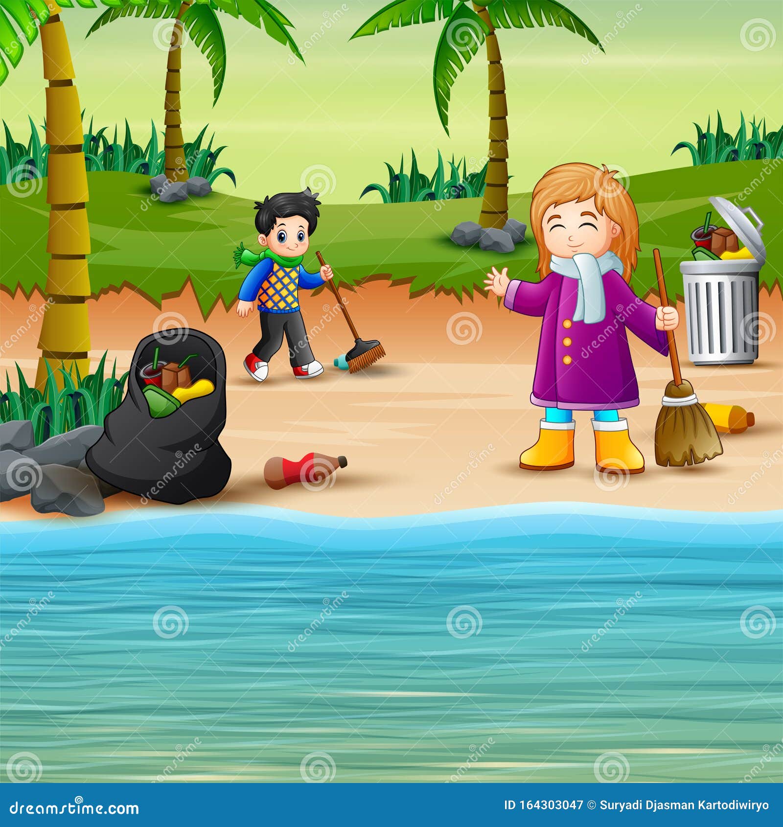 Volunteer Kids Cleaning the Beach Stock Vector - Illustration of ocean ...
