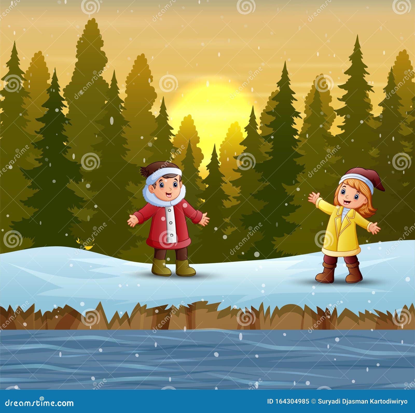 Children on a Frozen River Bank in the Middle of Forest Stock Vector ...