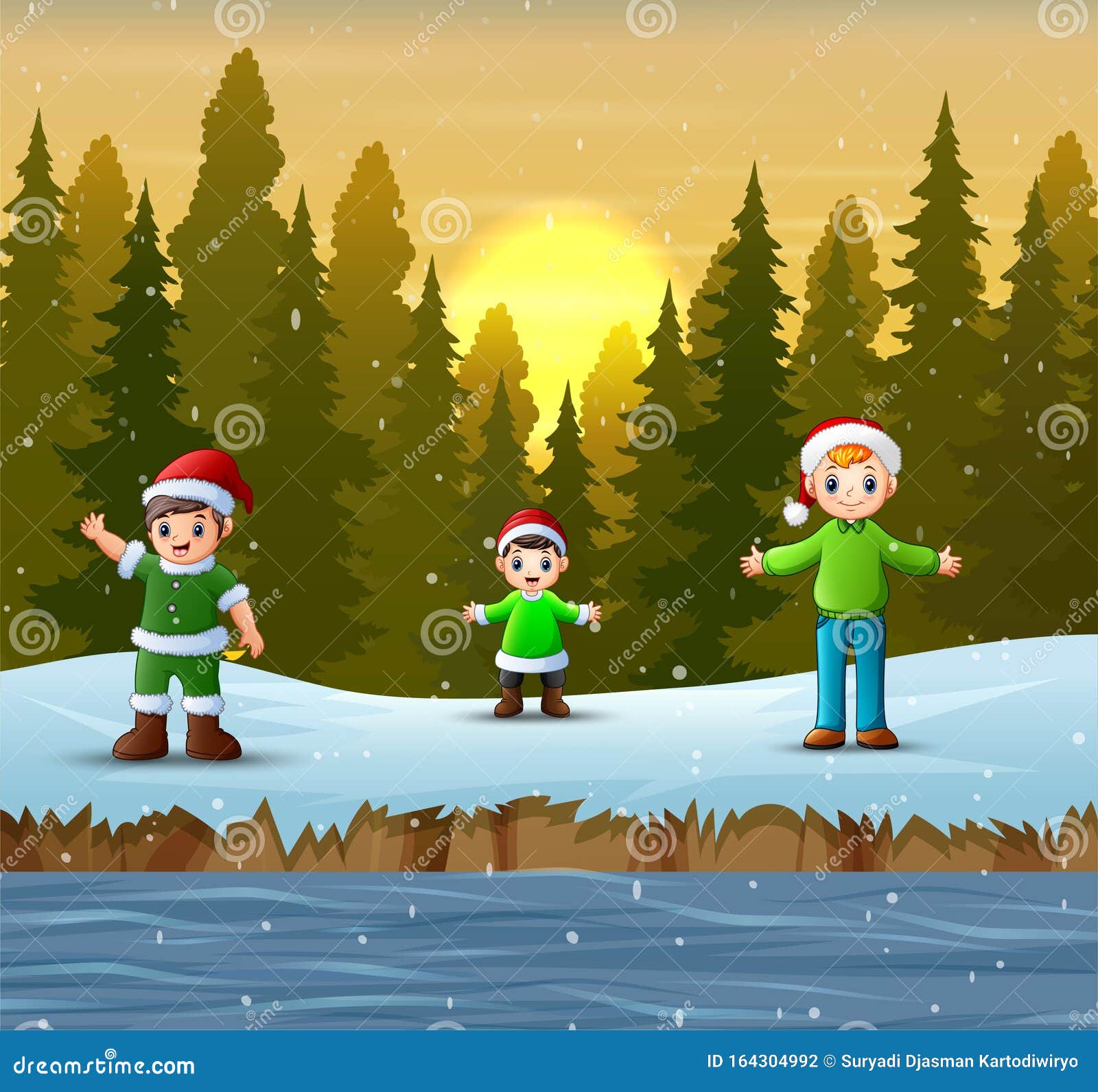 Happy Children in Santa Hat Enjoying a Snowfall Stock Vector ...