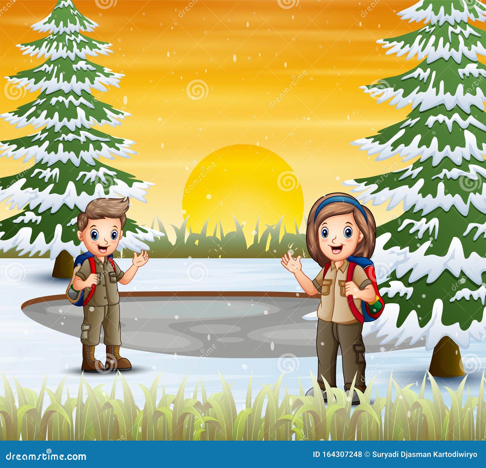 The Scouts on Winter Landscape Stock Vector - Illustration of grass ...