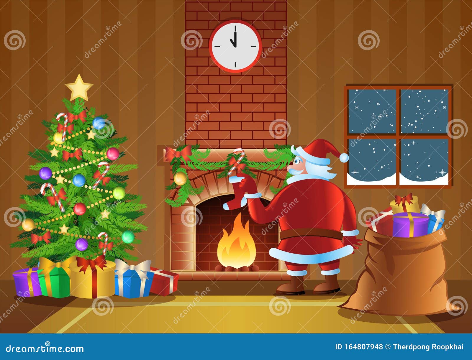 Santa Claus Send Gift in Fireplace Room in Christmas Night Stock ...