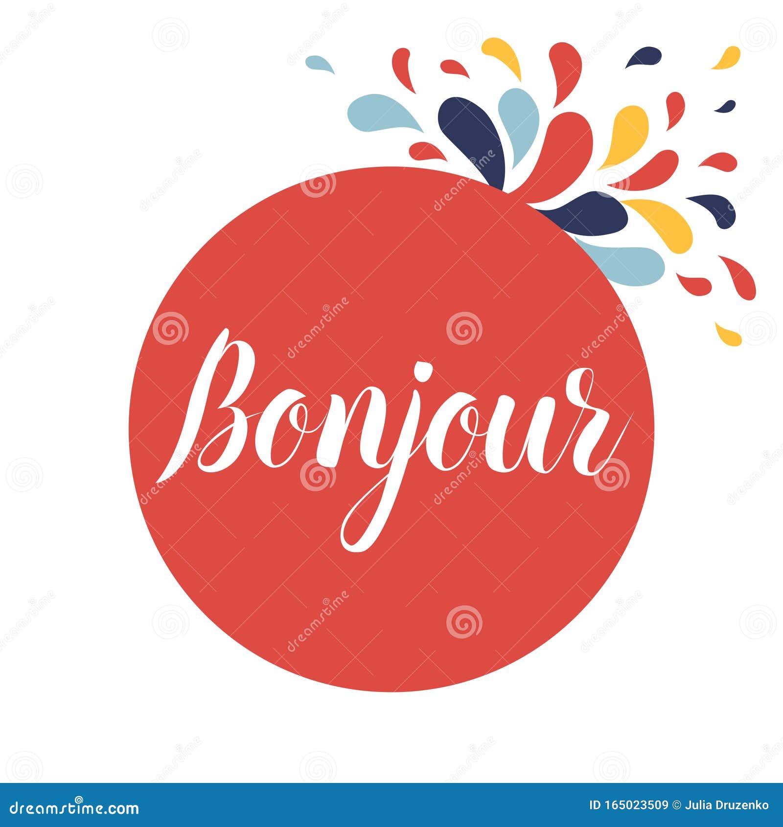 Bonjour Greeting Text on Circle Red Background Flat Vector Illustration ...