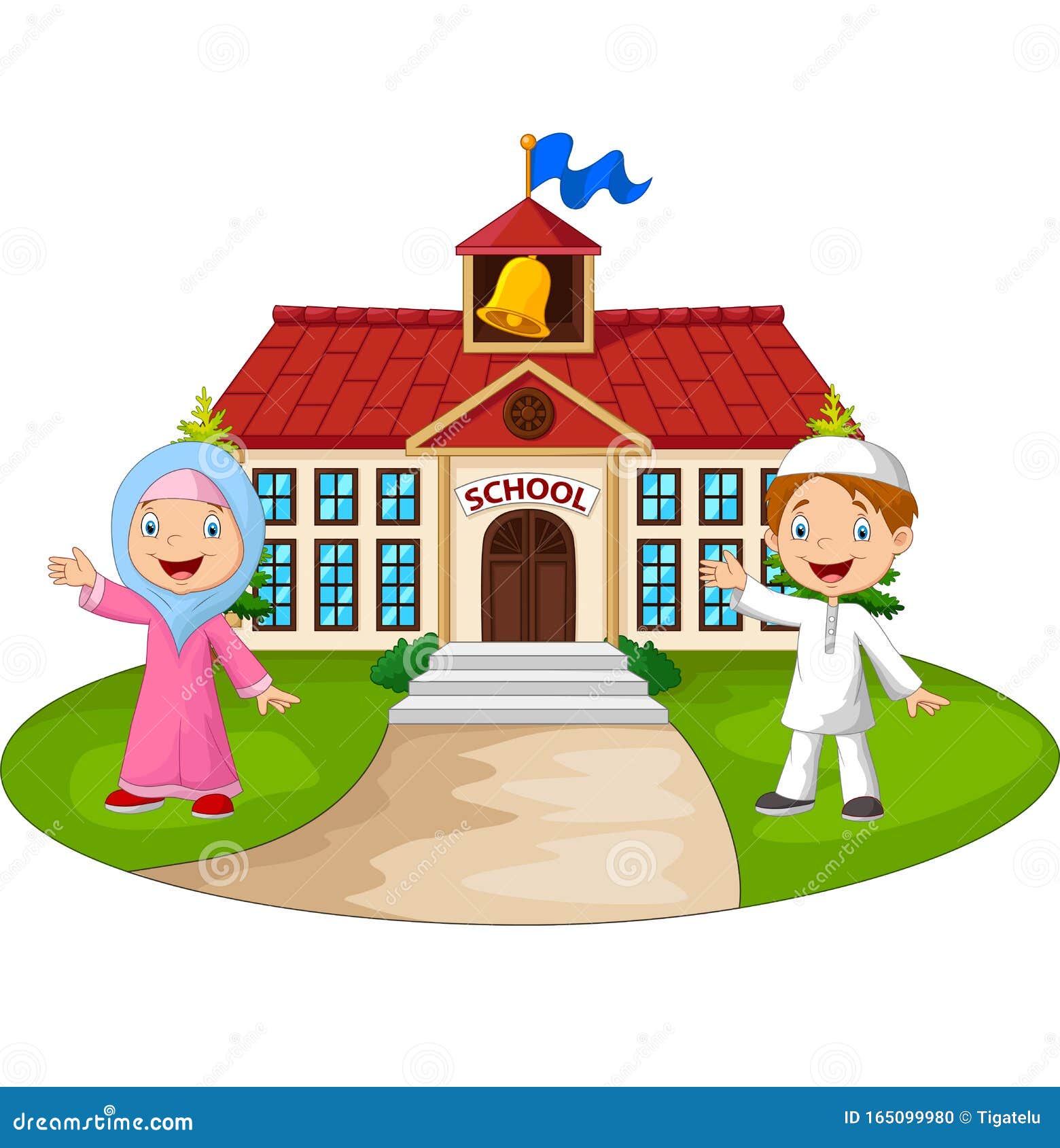 Happy Cartoon Muslim Kids in Front of School Building Waving Hand Stock ...