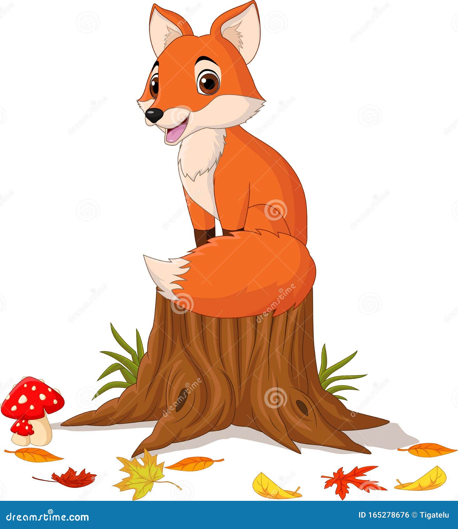 Cartoon Happy Fox Sitting on Tree Stump Stock Vector - Illustration of ...