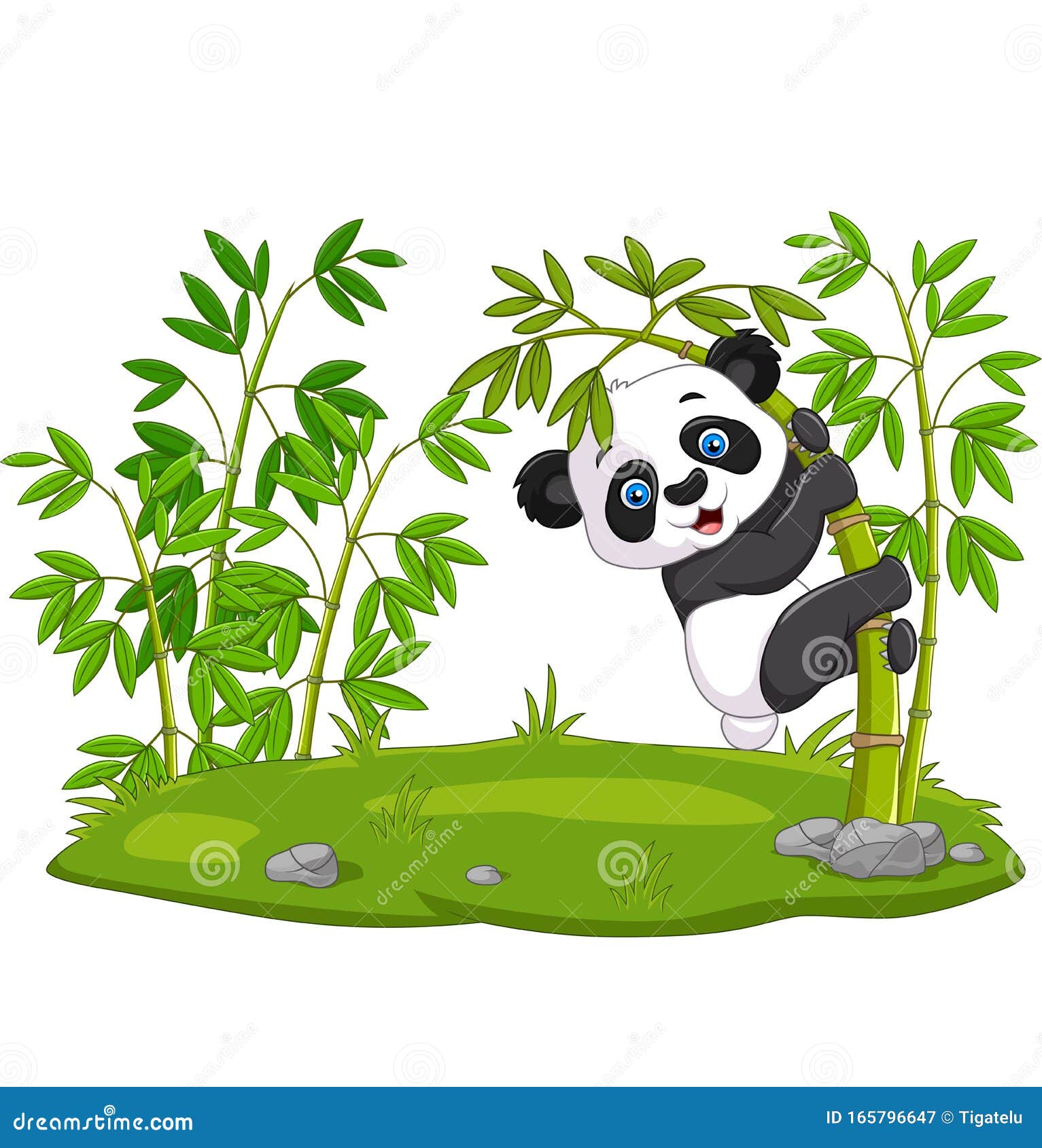 Cute Funny Baby Panda Hanging on the Bamboo Stock Vector - Illustration ...