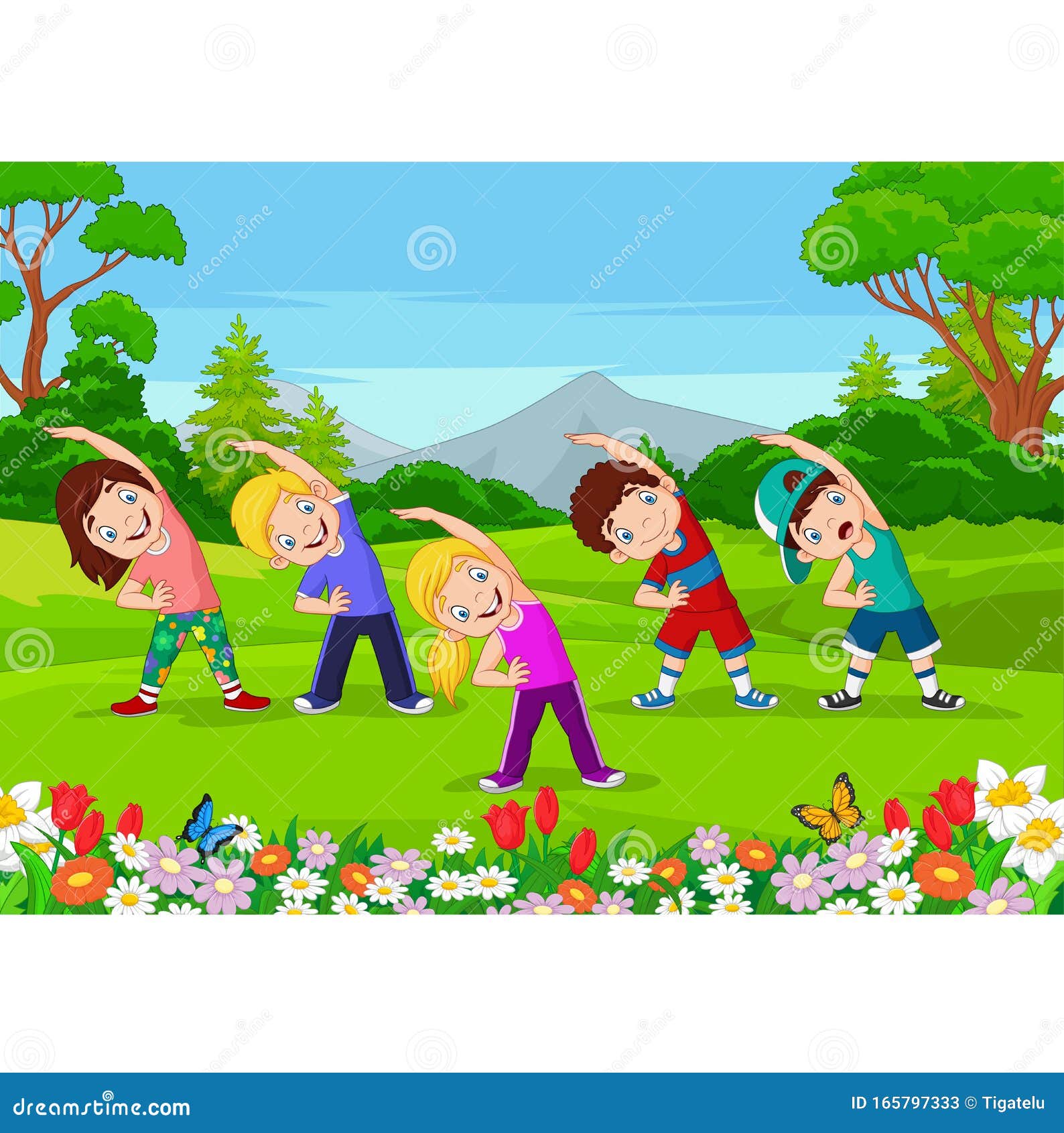 Cartoon Little Kids Exercising in the Park Stock Vector - Illustration ...