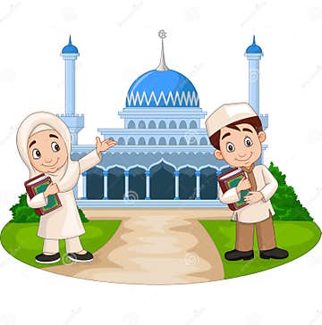 Happy Cartoon Muslim Kids in Front of Mosque Stock Vector ...