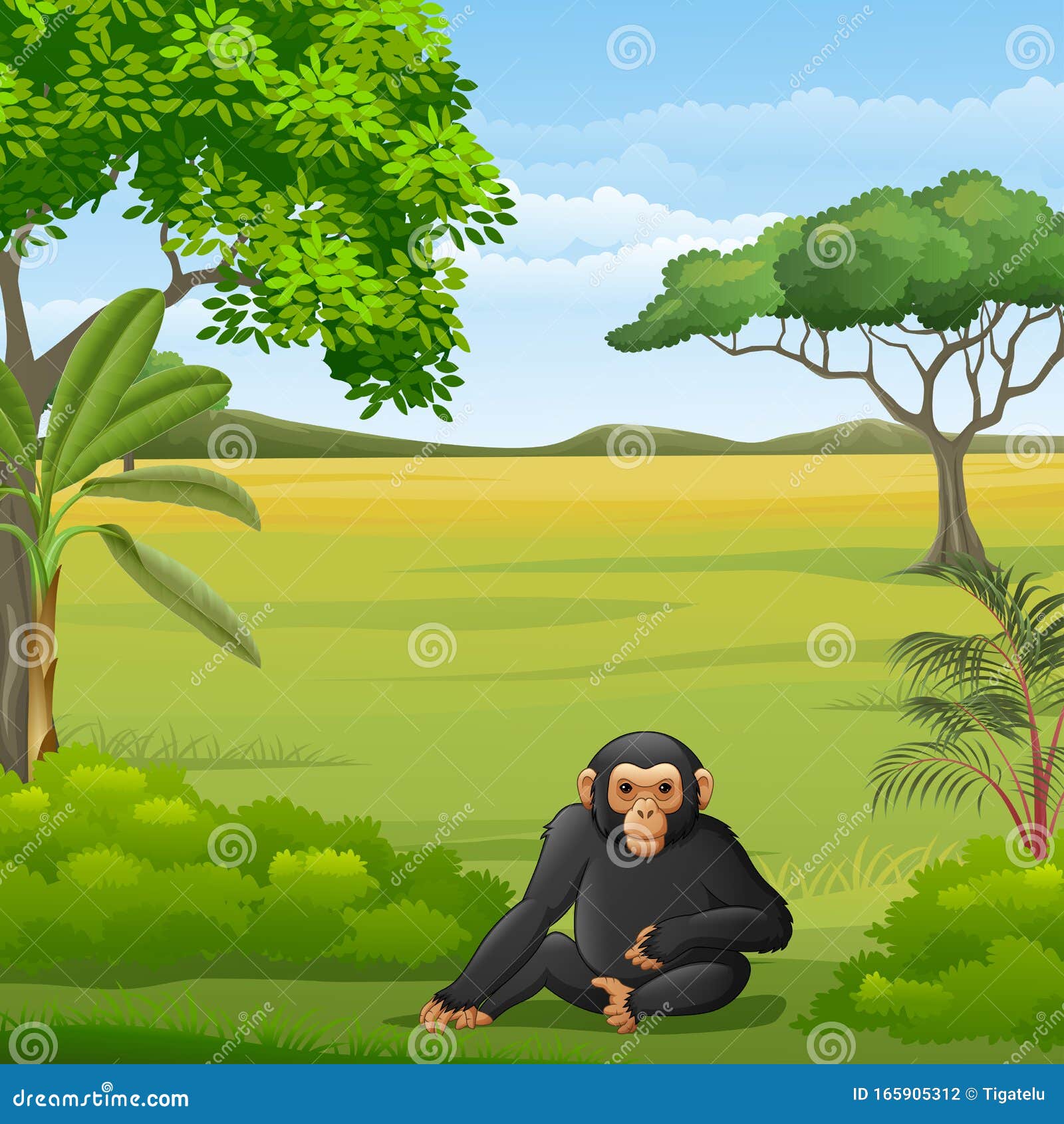 Cartoon Chimpanzee Mother Hug Her Baby Chimp Under A Tree On A White ...