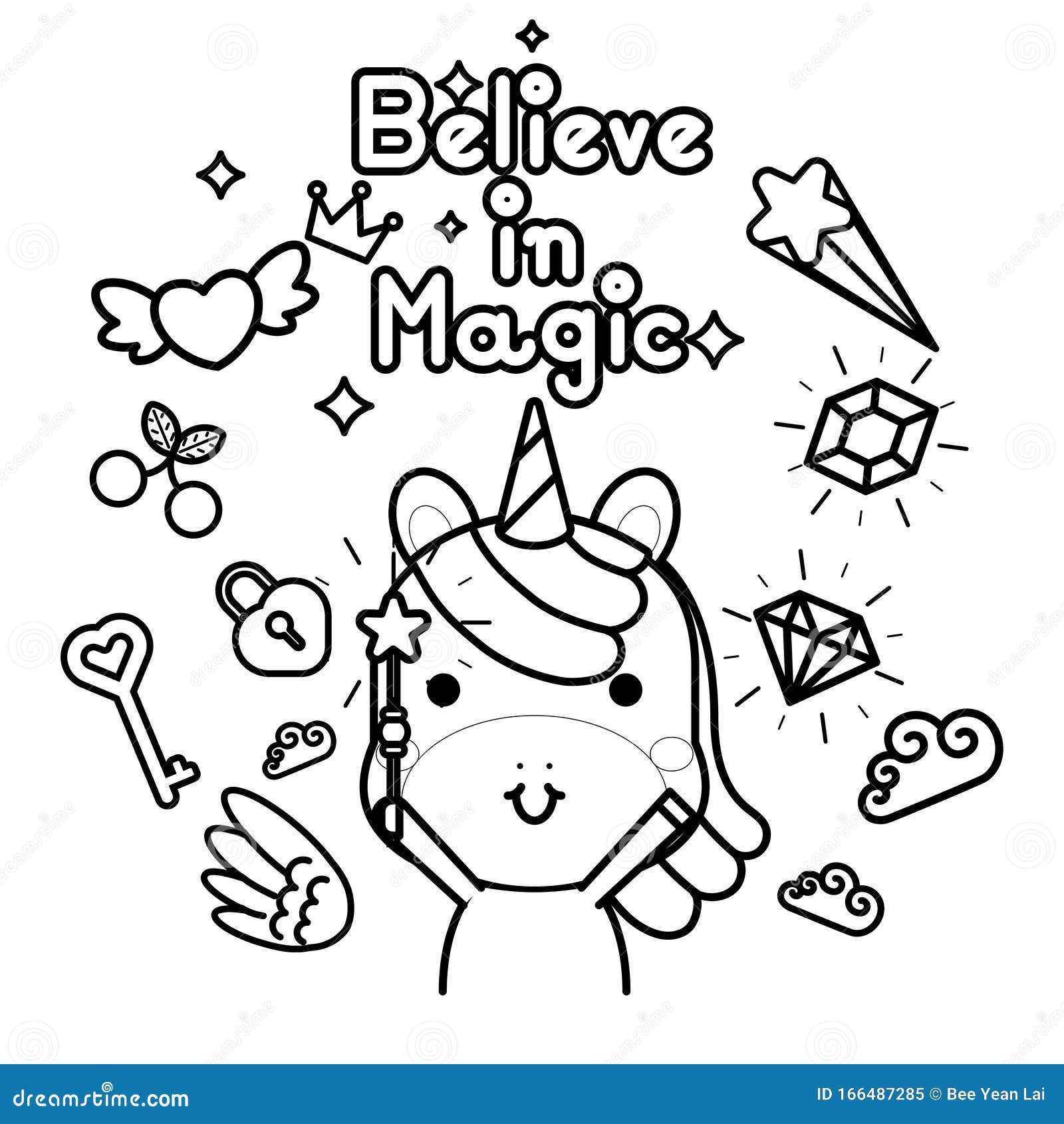 Cute Magical Unicorn and Fairy Elements Collection and Lettering Quote ...