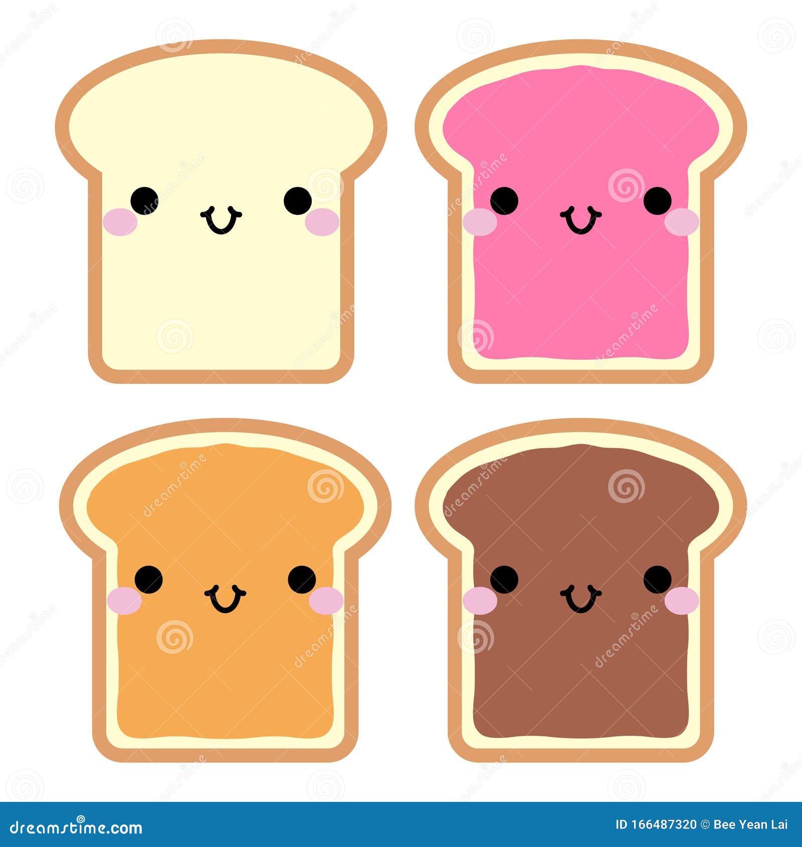 Cute Toasts With Chocolate, Jam And Peanut Butter. In Kawaii Style With ...