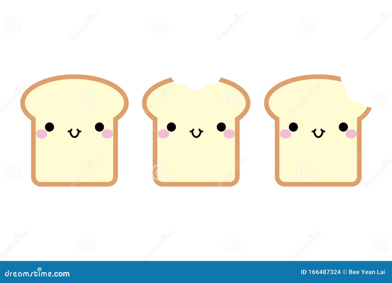 Cute Cartoon Toast Icons. in Kawaii Style with Smiling Face and Pink ...