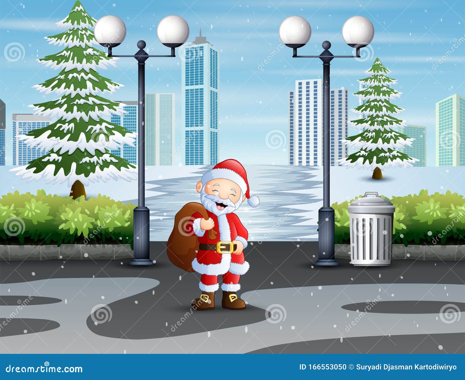 Santa Claus Walking through Park with a Bag of Gifts Stock Vector ...