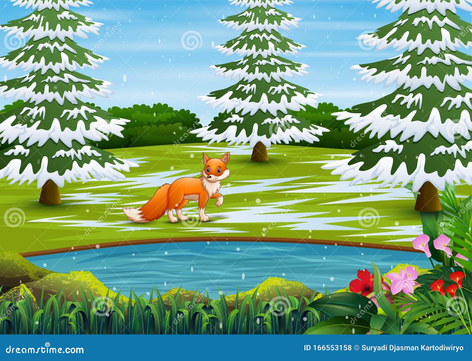 Fox in the Winter Forest Hunting a Prey Stock Vector - Illustration of ...