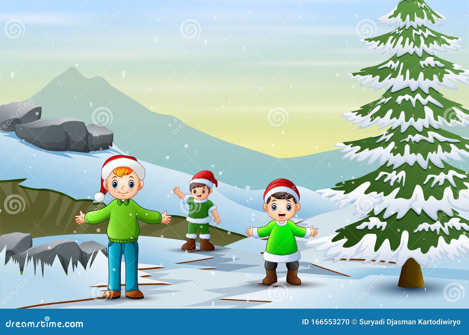 Children Walking through Snowy Road in Winter Season Stock Vector ...