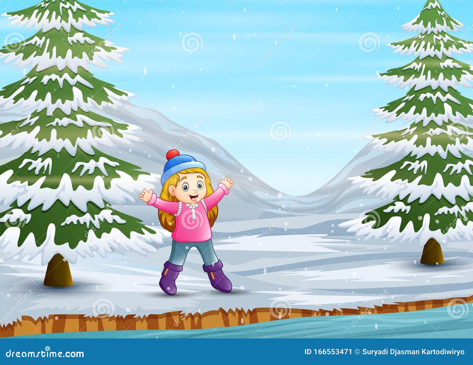 Cute Girl Having Fun in Winter Landscape Stock Vector - Illustration of ...