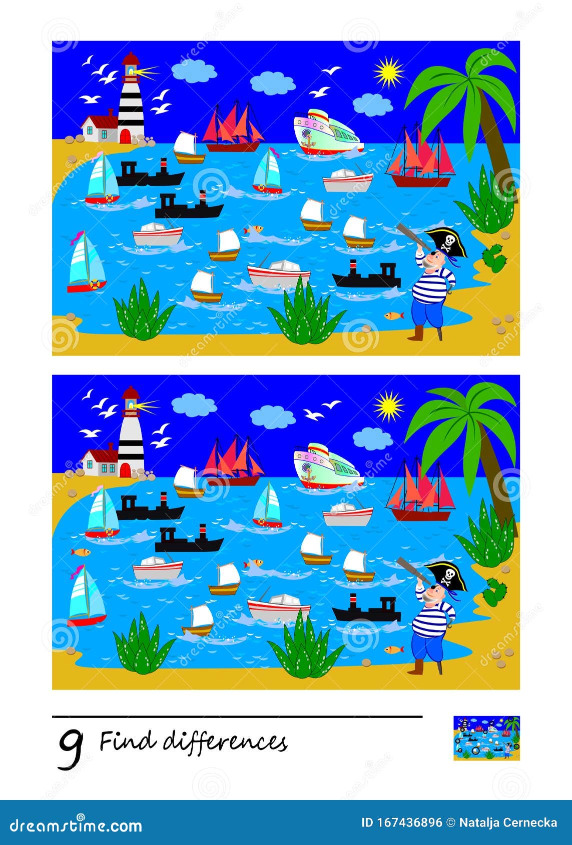 Find 9 Differences. Illustration of Sea Bay, Pirate and Boats. Logic ...