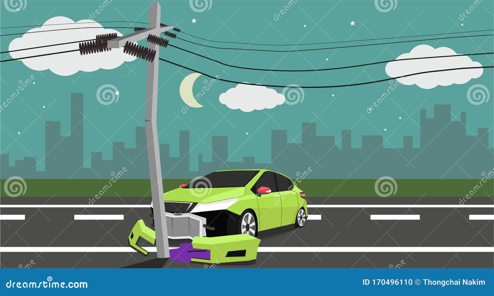 Damage Car Crash Pole Light Accident Cannot Drive. Stock Illustration ...