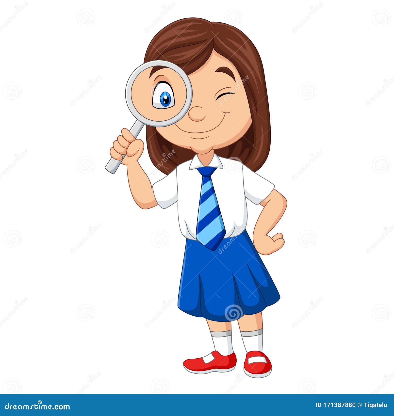 Cute Little Girl in Uniform Using Magnifying Glass Stock Vector ...