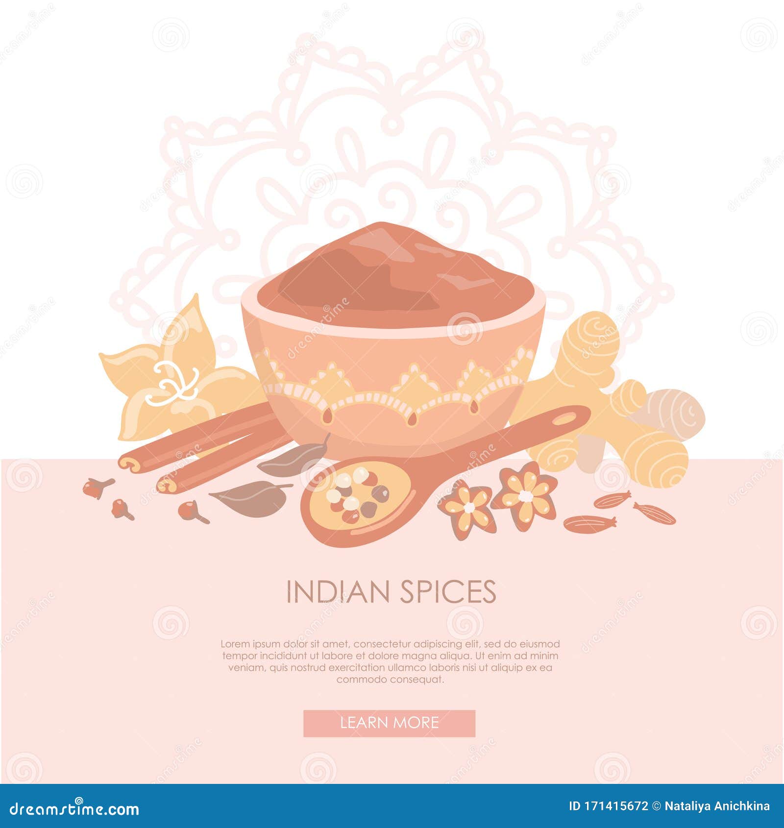Vector Illustration Indian Spices. a Bowl of Powdered Condiment with a ...