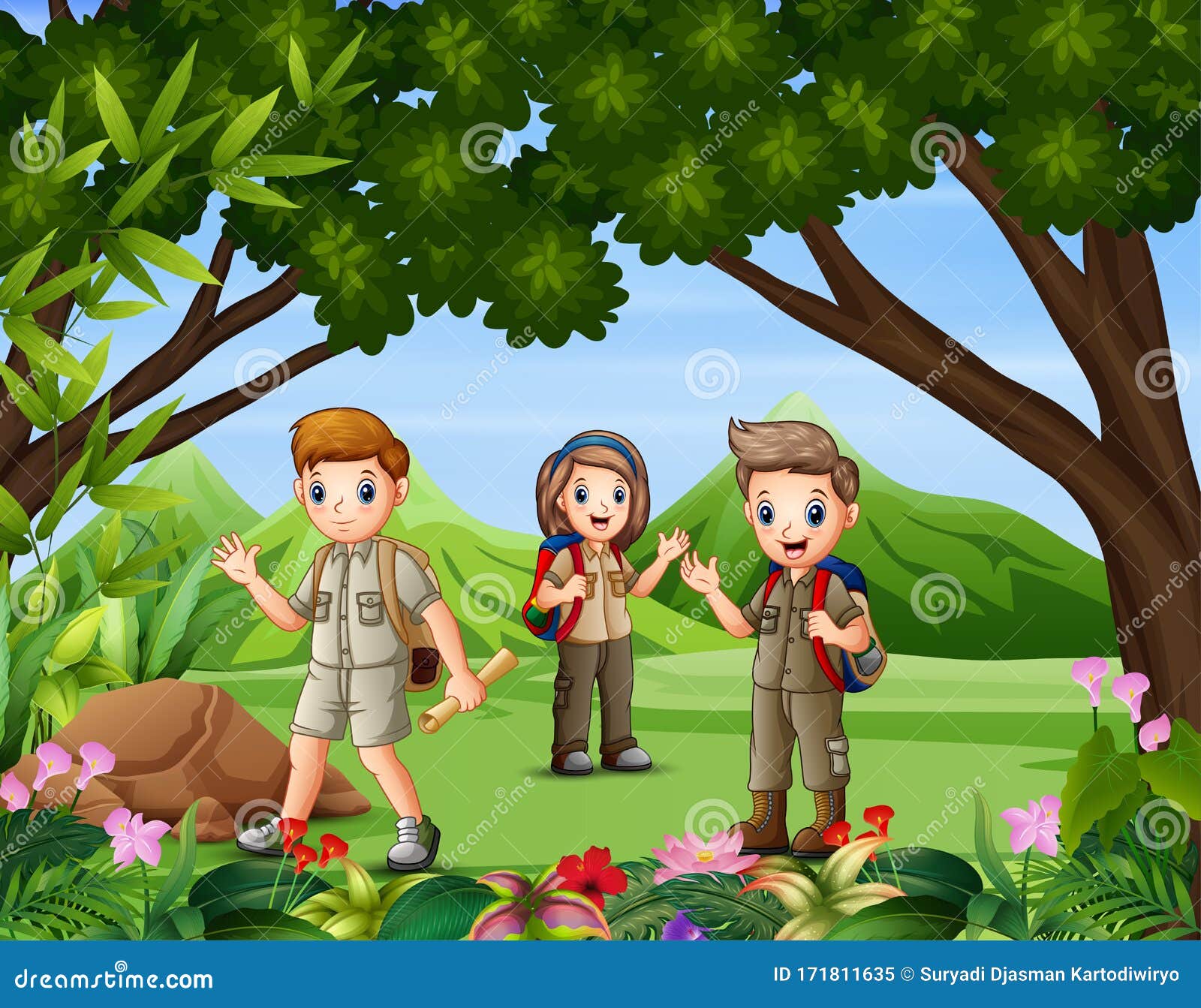 A Group of Scouts Hiking in the Forest Stock Vector - Illustration of ...