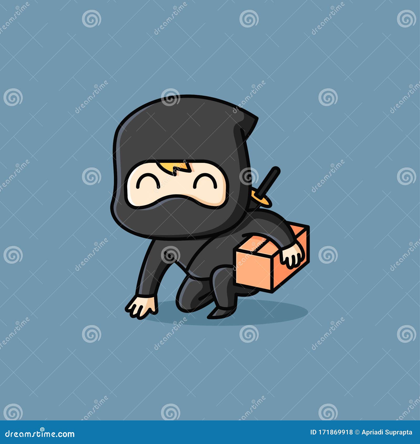 LITTLE HAPPY FACE NINJA BRING a PACKAGE BOX. MASCOT LOGO for BUSINESS ...