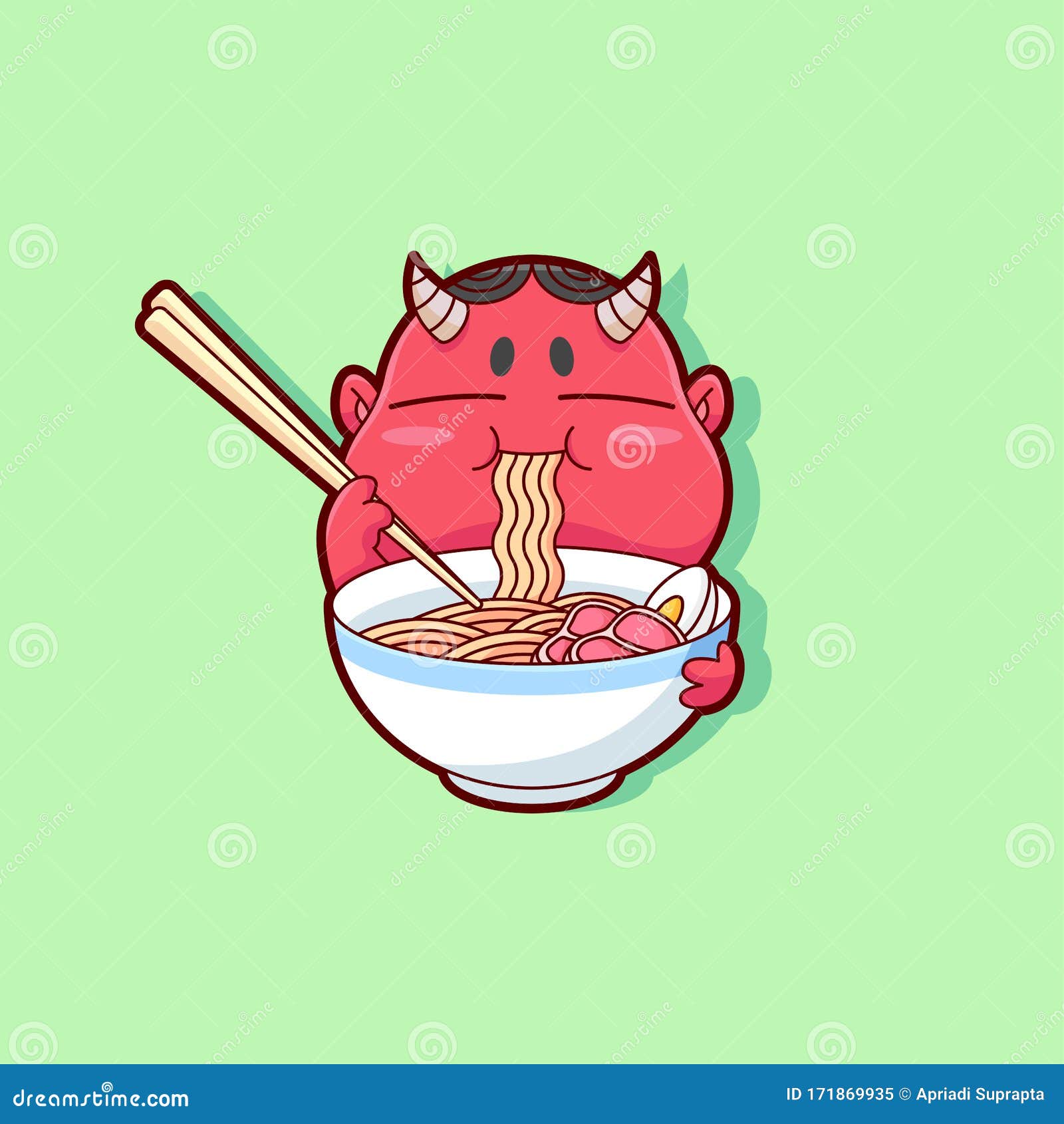 CUTE JAPANESE EVIL EATING a BIG BOWL of RAMEN NOODLE. MASCOT LOGO for ...