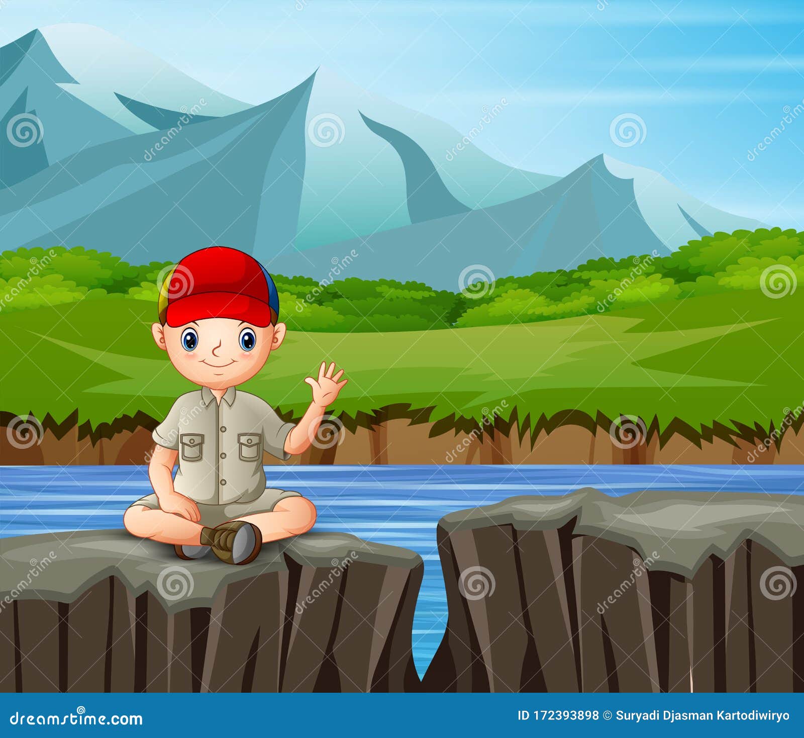 The Explorer Boy Sitting on the Cliff Stock Vector - Illustration of ...