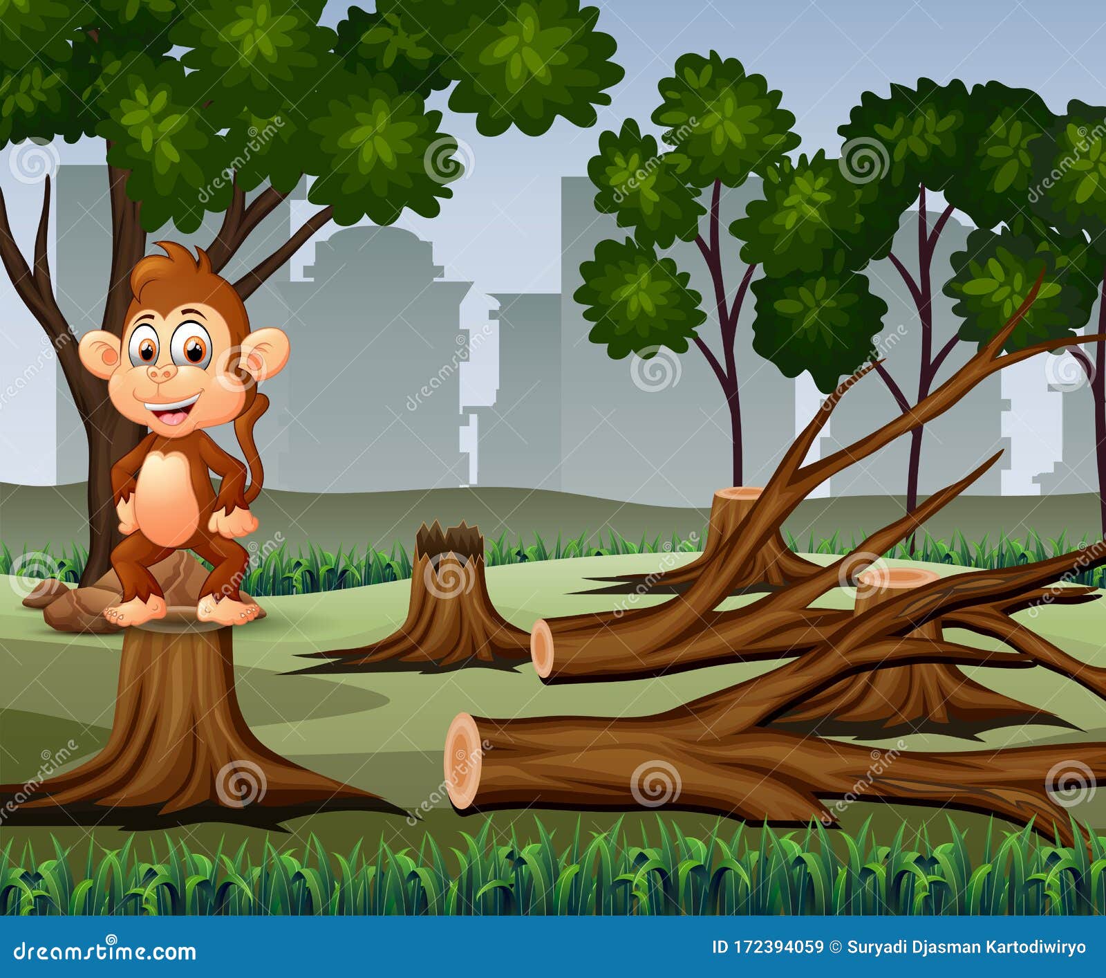 Deforestation Scene with Monkey and Timber Illustration Stock Vector ...