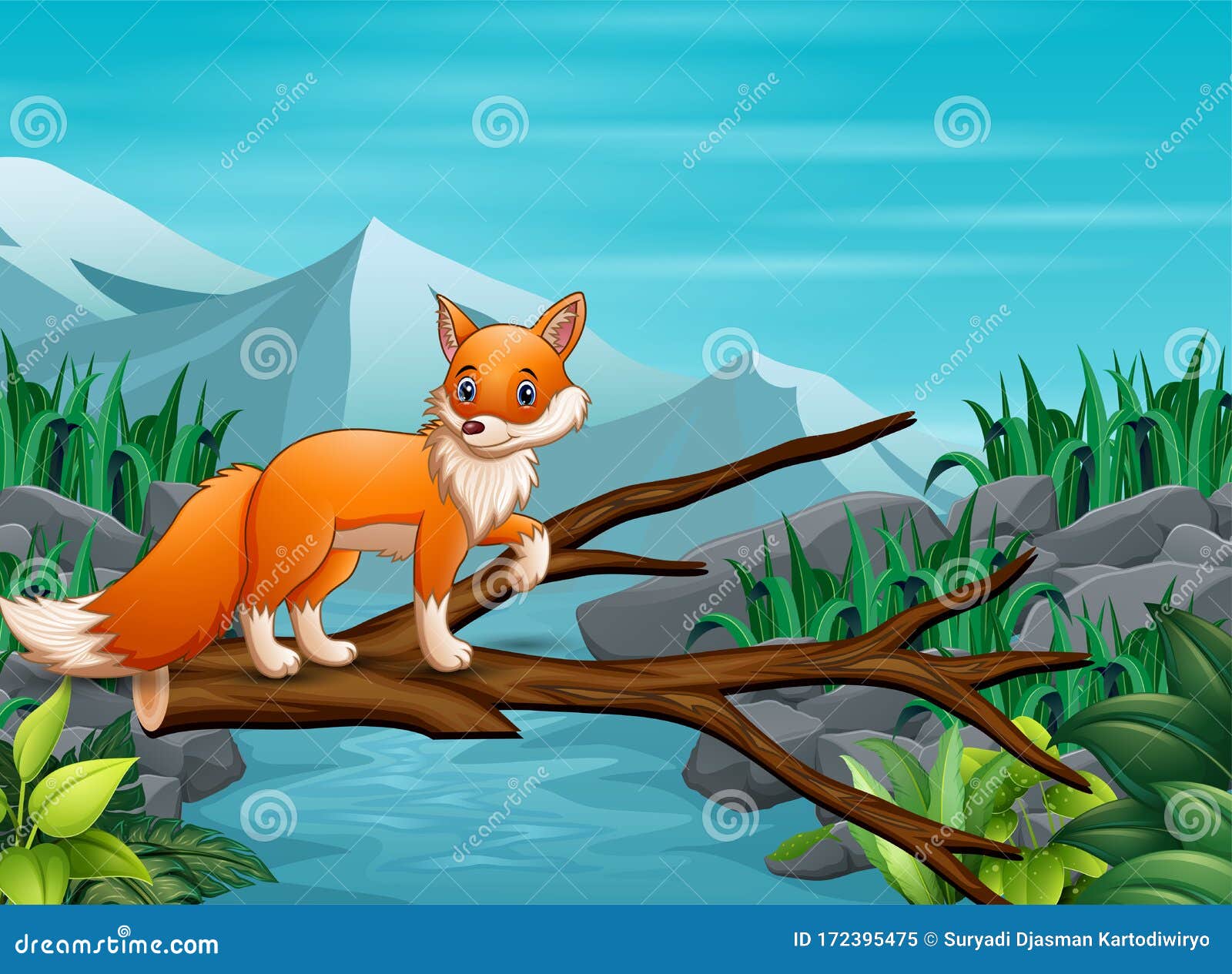 Illustration of a Fox Crossing the River Stock Vector - Illustration of ...