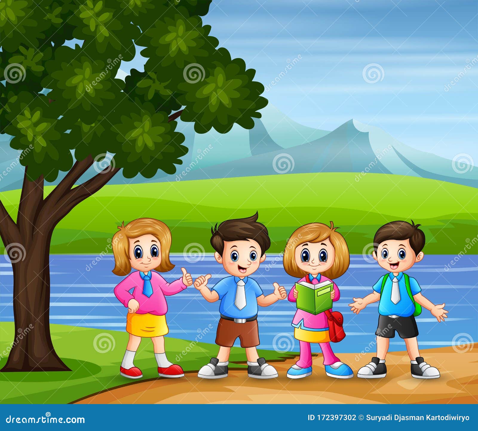 Students Studying on the Nature Background Stock Vector - Illustration ...