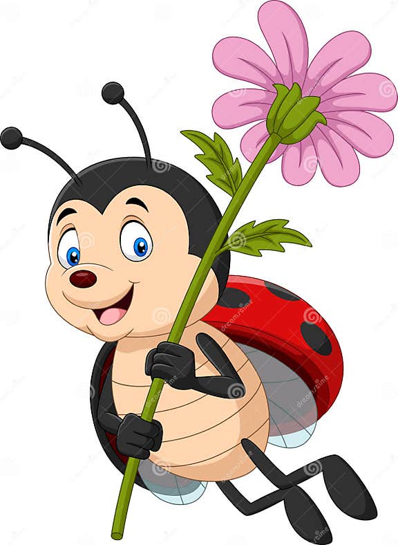 Cartoon Cute Ladybug Holding Flower Stock Vector - Illustration of ...