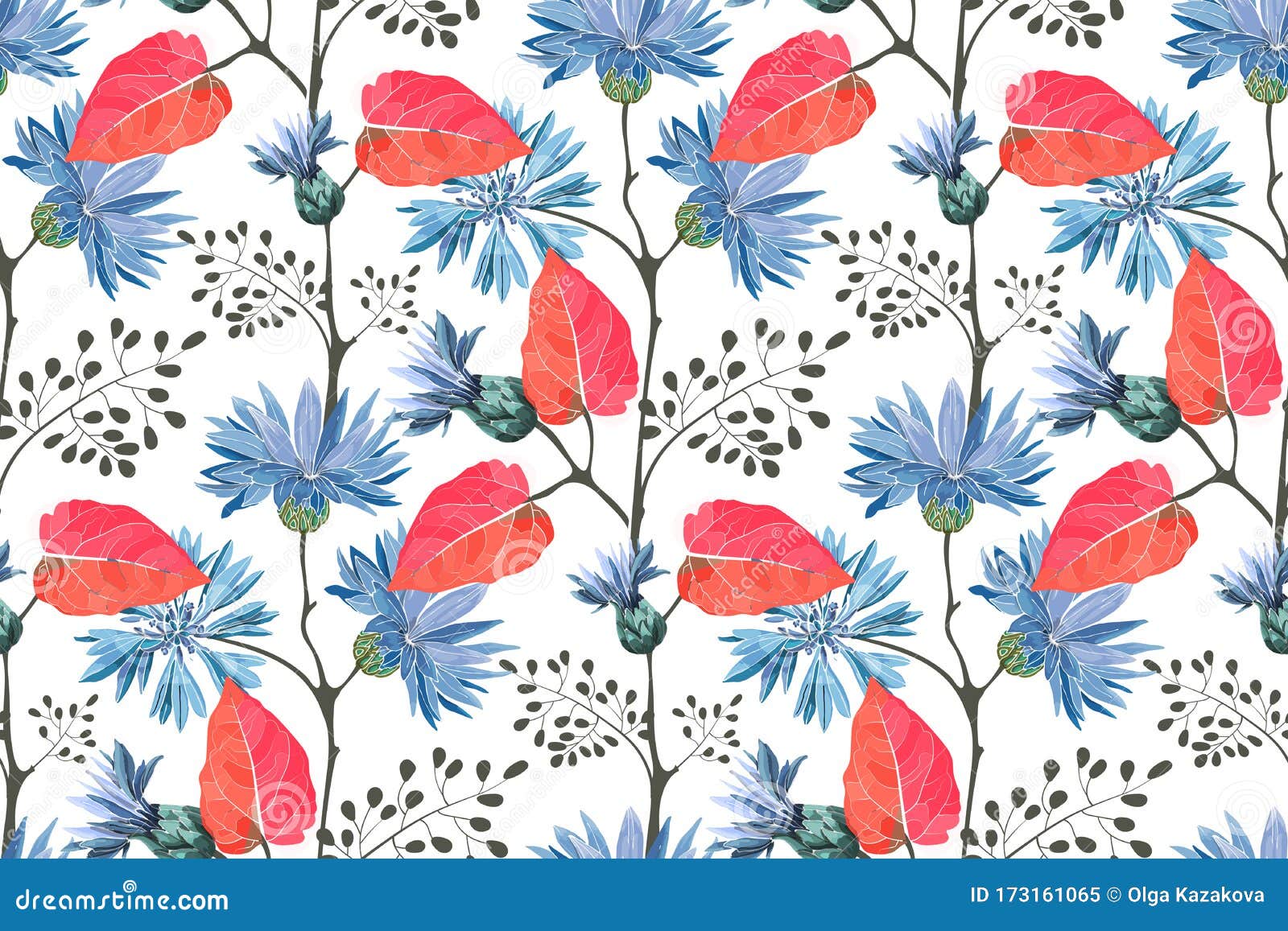 Art Floral Vector Seamless Pattern. Blue Flowering Cornflower, Stock ...