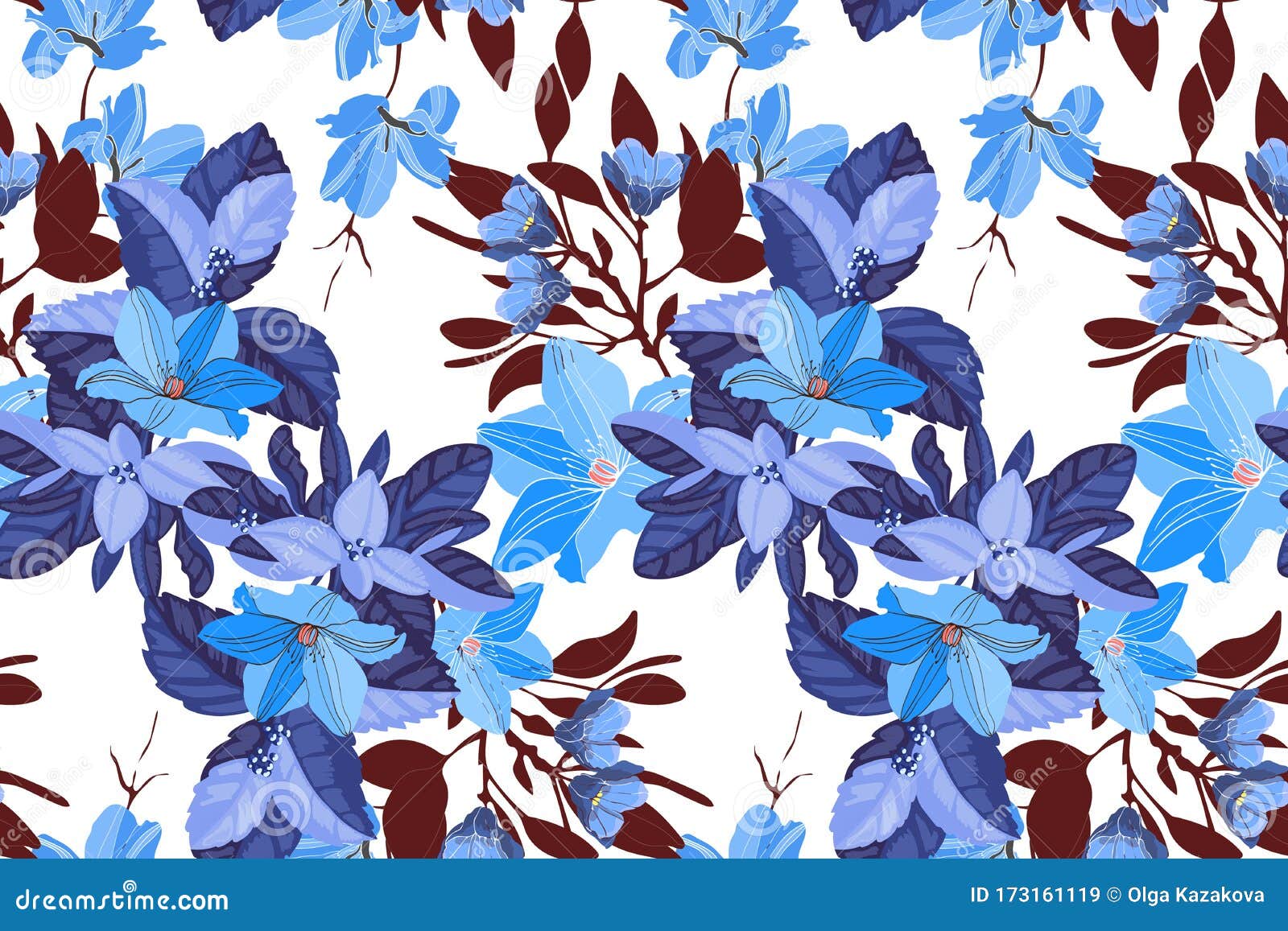 Art Floral Vector Seamless Pattern. Brown Branches, Leaves with Blue ...