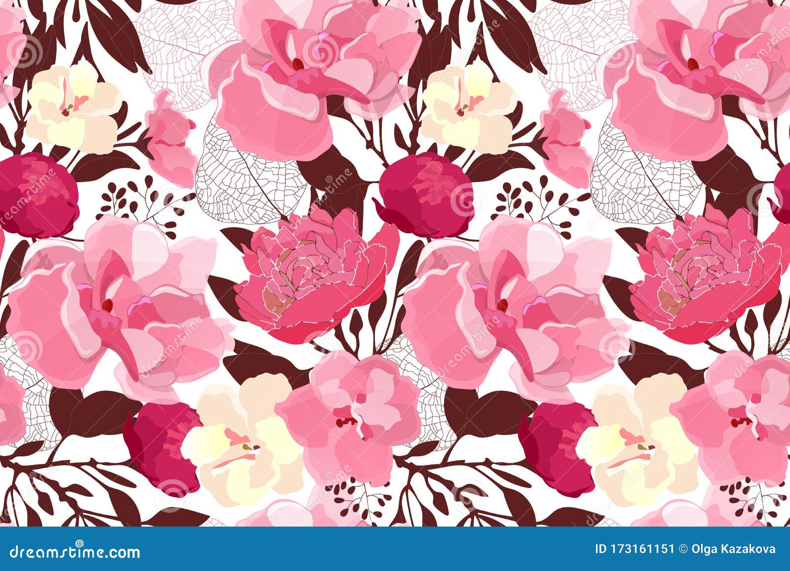 Art Floral Vector Seamless Pattern. Pink, Pale Yellow, Maroon Flowers ...