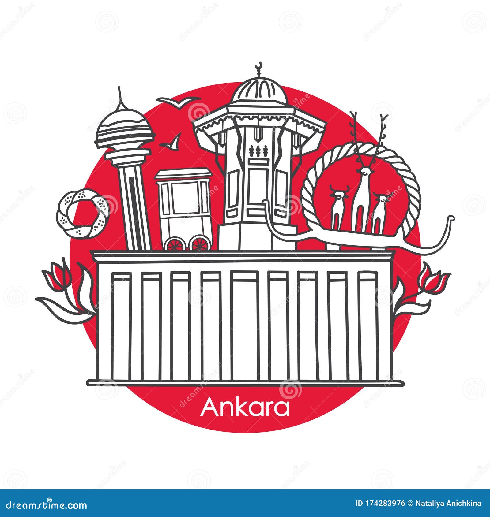 Vector Illustration Beauties of Ankara, Turkey. Famous Tower, Mausoleum ...