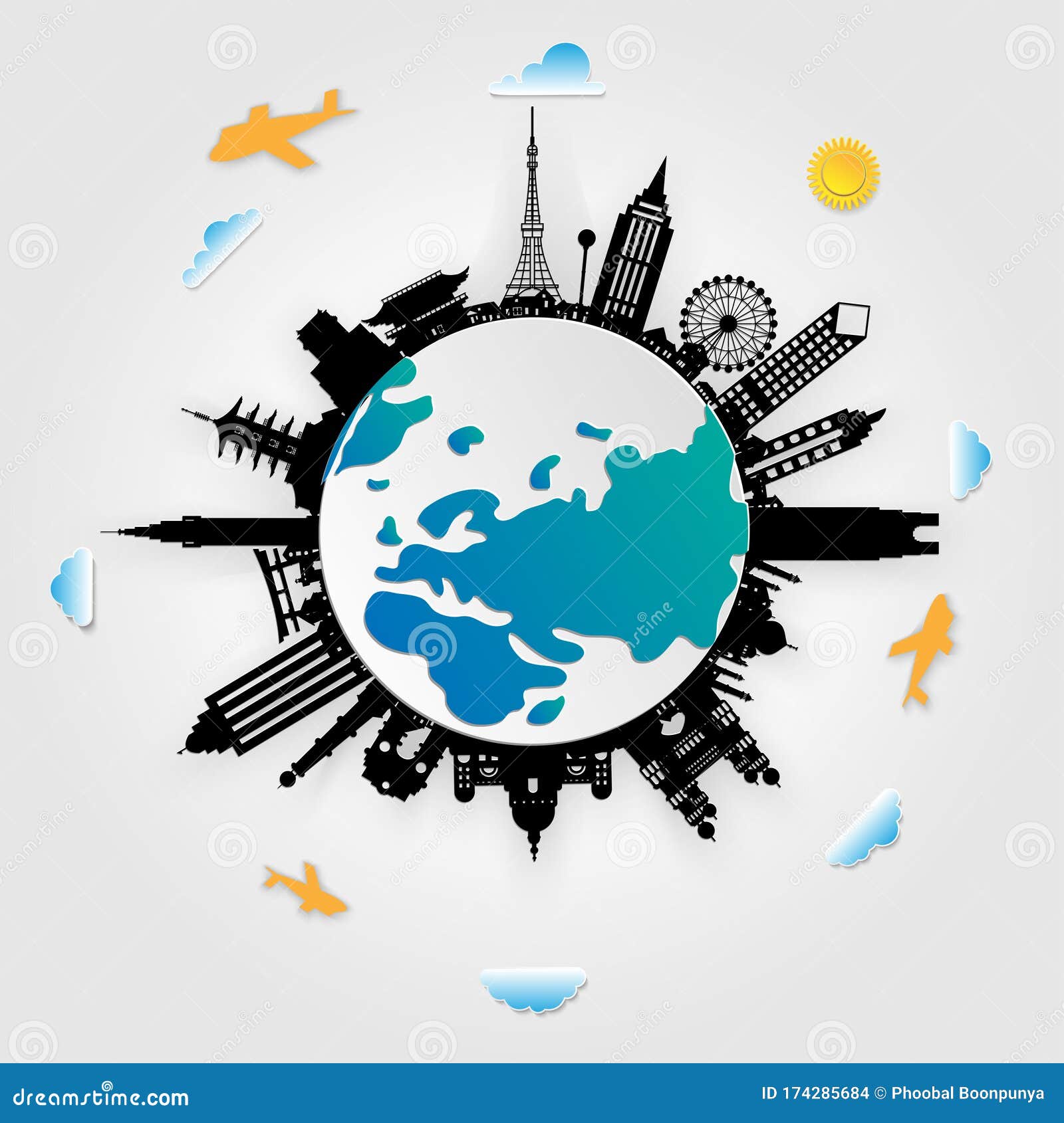 Travel Around the World Paper Cut Style. Stock Vector - Illustration of ...